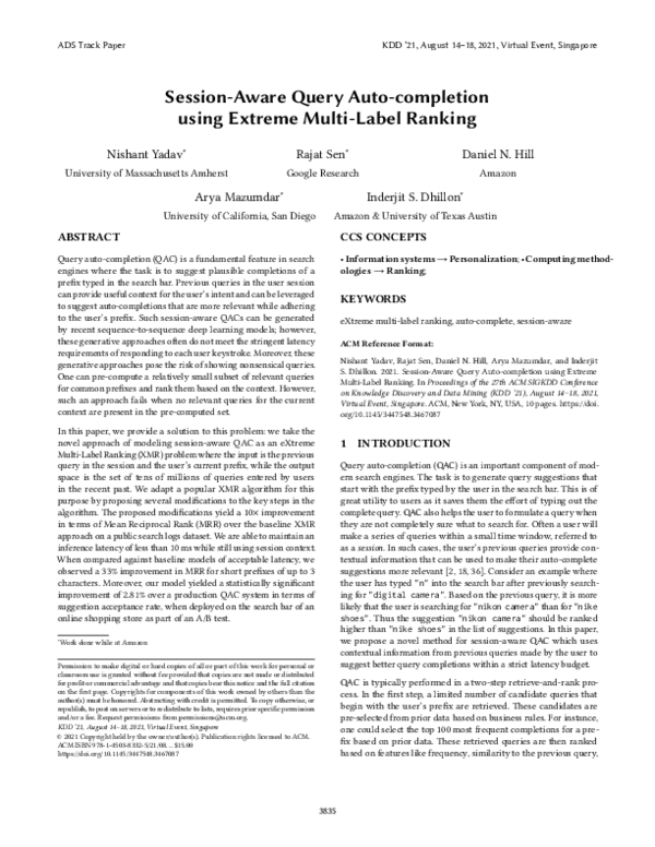 (PDF) Session-Aware Query Auto-completion using Extreme Multi-Label Ranking