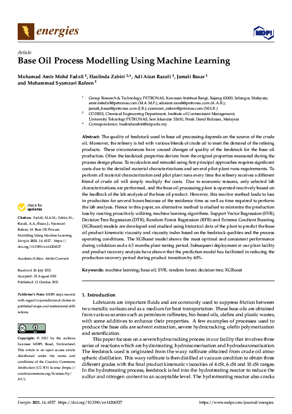 (PDF) Base Oil Process Modelling Using Machine Learning