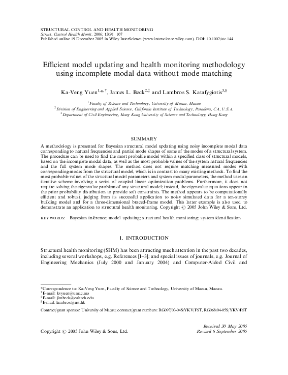 (PDF) Efficient model updating and health monitoring methodology using incomplete modal data ...