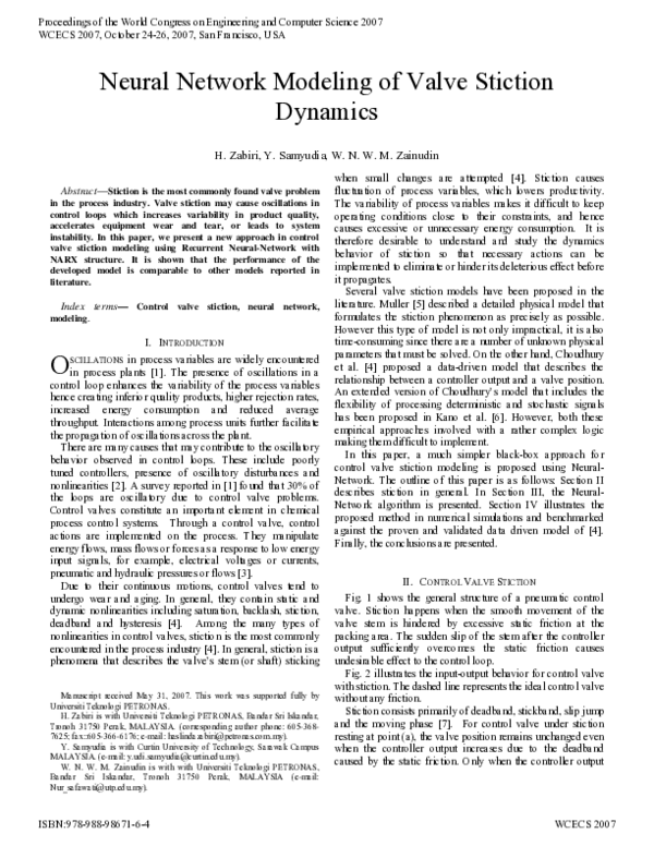 (PDF) Neural Network Modeling of Valve Stiction Dynamics