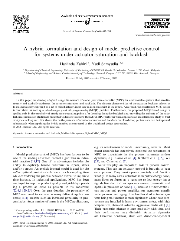 (PDF) A hybrid formulation and design of model predictive control for systems under actuator ...