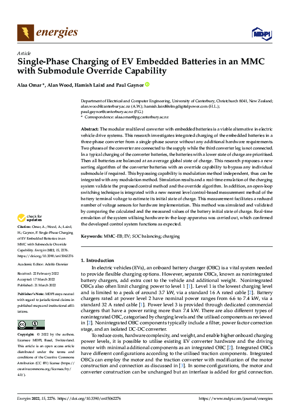 Single-Phase Charging of EV Embedded Batteries in an MMC with Submodule ...