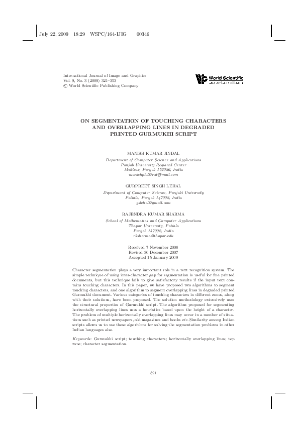 Pdf On Segmentation Of Touching Characters And Overlapping Lines In Degraded Printed Gurmukhi 0476
