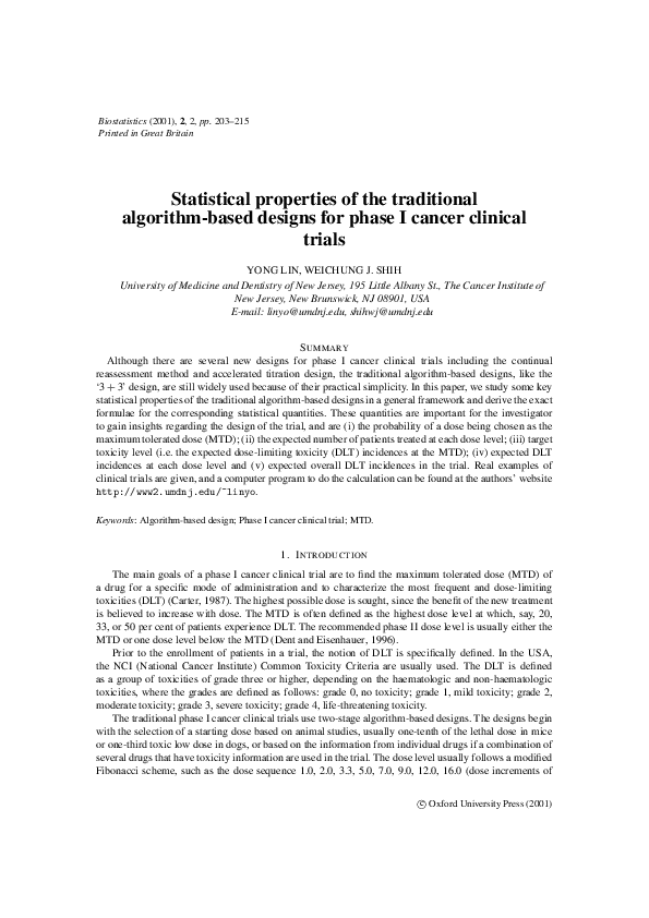 (PDF) Statistical properties of the traditional algorithm-based designs for phase I cancer ...