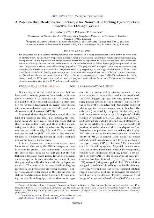 Pdf A Polymer Rich Re Deposition Technique For Non Volatile Etching By Products In Reactive
