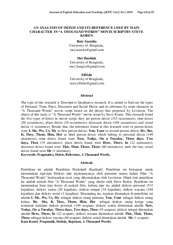 (PDF) An Analysis of Deixis and Its Reference Used by Main Character in ...