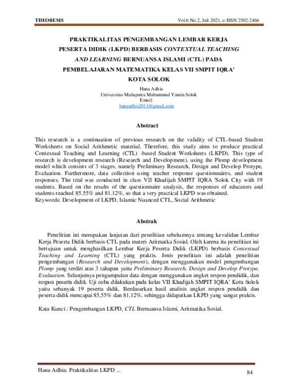 (PDF) Praktikalitas Pengembangan Lembar Kerja Peserta Didik (LKPD) Berbasis Contextual Teaching ...