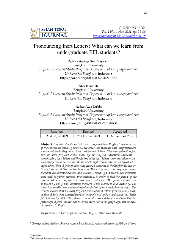 (PDF) Pronouncing Inert Letters: What can we learn from undergraduate ...