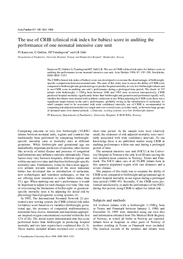 (PDF) The use of CRIB (clinical risk index for babies) score in ...