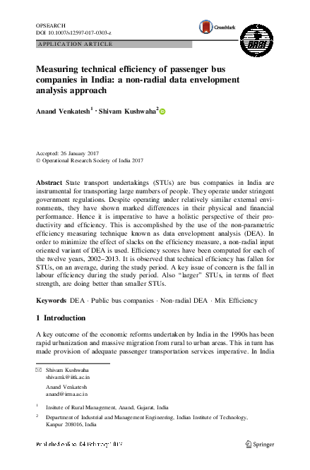 Pdf Measuring Technical Efficiency Of Passenger Bus Companies In India A Non Radial Data