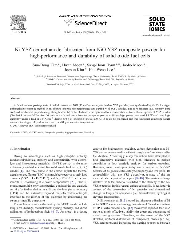 (PDF) Ni-YSZ cermet anode fabricated from NiO-YSZ composite powder for ...