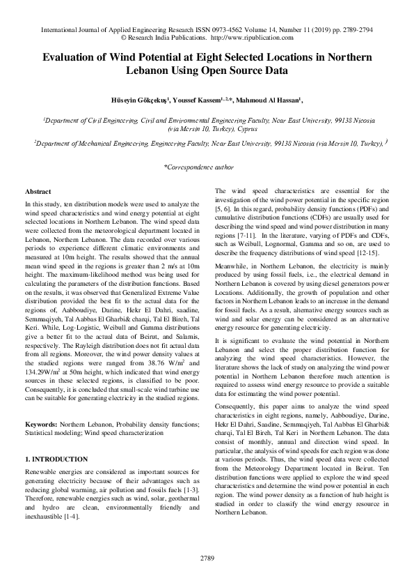 (PDF) Evaluation of Wind Potential at Eight Selected Locations in ...