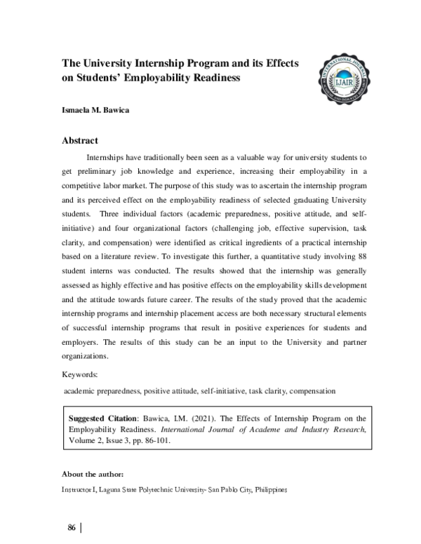 (PDF) The University Internship Program and its Effects on Students’ Employability Readiness