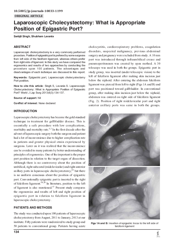 (PDF) Laparoscopic Cholecystectomy: What is Appropriate Position of Epigastric Port?