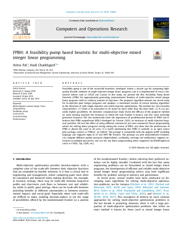 Pdf Fpbh A Feasibility Pump Based Heuristic For Multi Objective Mixed Integer Linear