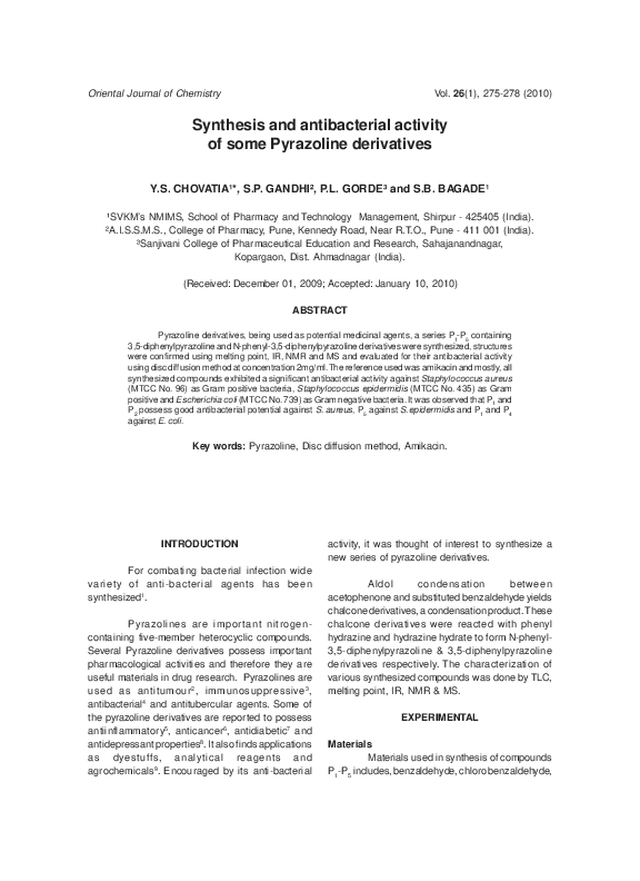 (PDF) Synthesis and antibacterial activity of some Pyrazoline derivatives
