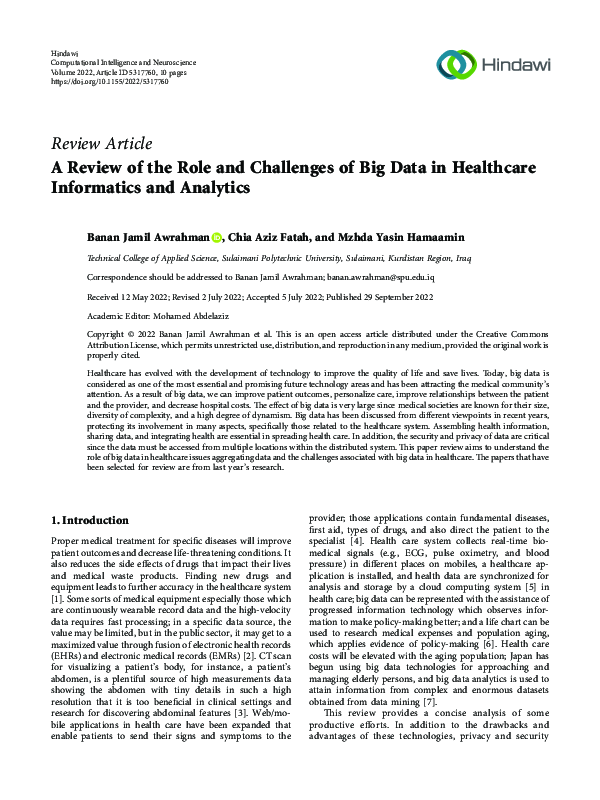 (PDF) A Review of the Role and Challenges of Big Data in Healthcare Informatics and Analytics