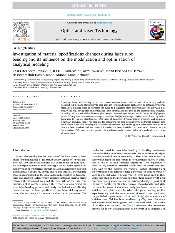 (PDF) Investigation of material specifications changes during laser tube bending and its ...