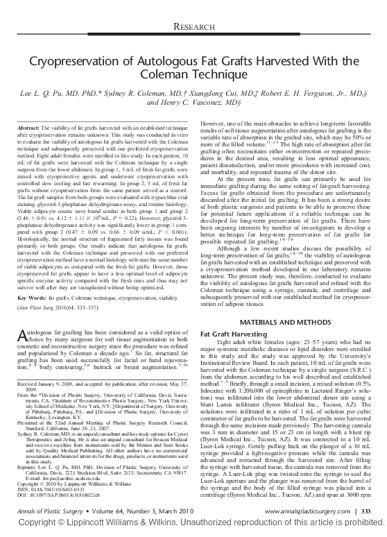 (PDF) Cryopreservation of Autologous Fat Grafts Harvested With the ...