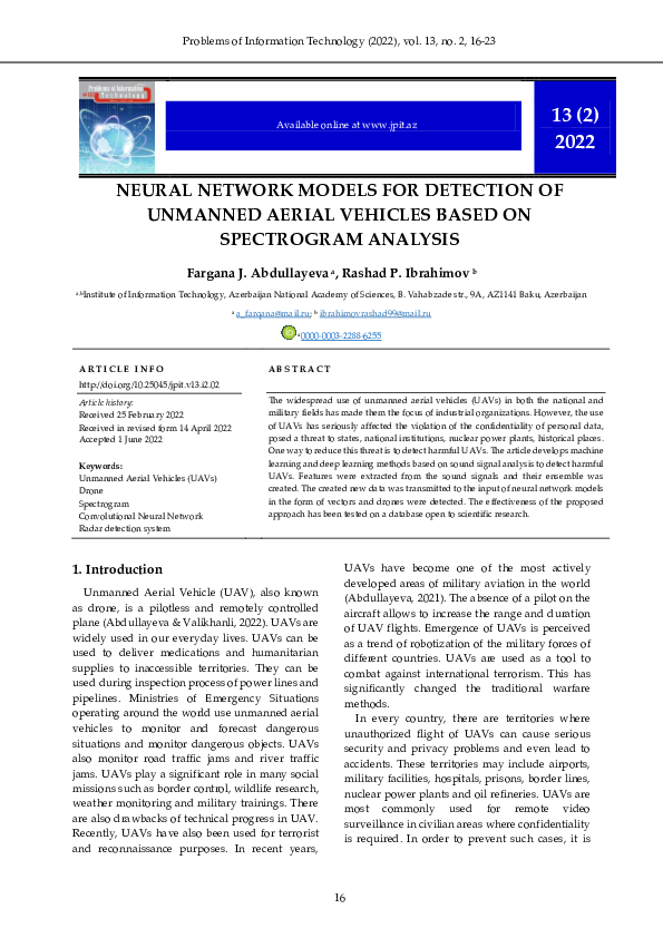 (PDF) Neural Network Models for Detection of Unmanned Aerial Vehicles Based on Spectrogram Analysis