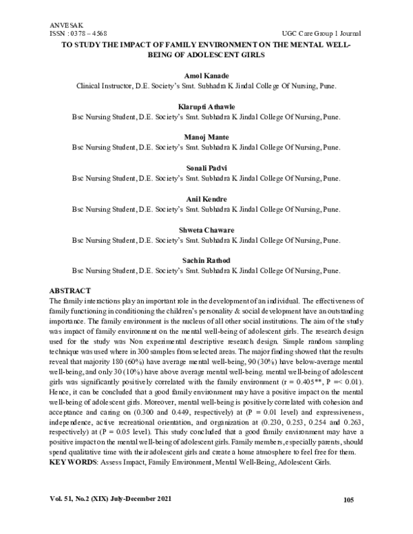 (PDF) TO STUDY THE IMPACT OF FAMILY ENVIRONMENT ON THE MENTAL WELL ...