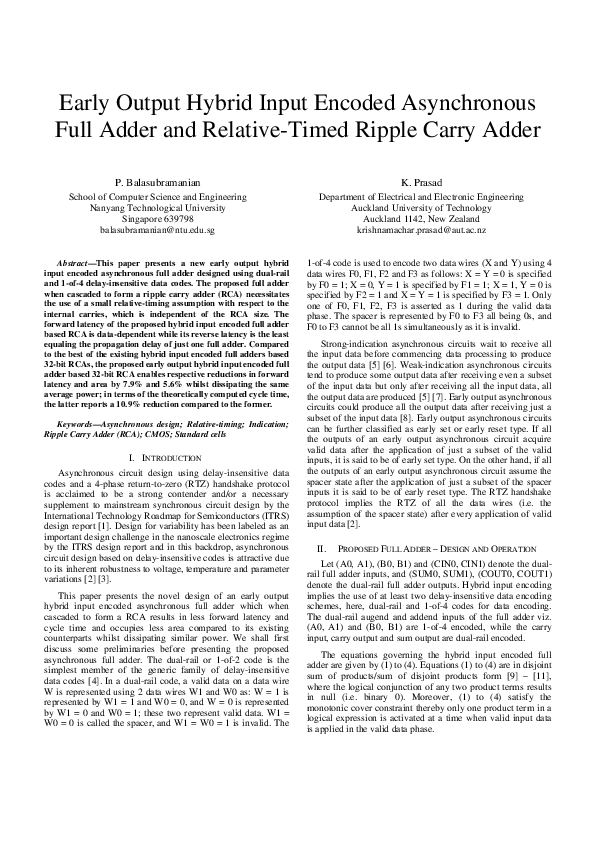 Pdf Early Output Hybrid Input Encoded Asynchronous Full Adder And Relative Timed Ripple Carry