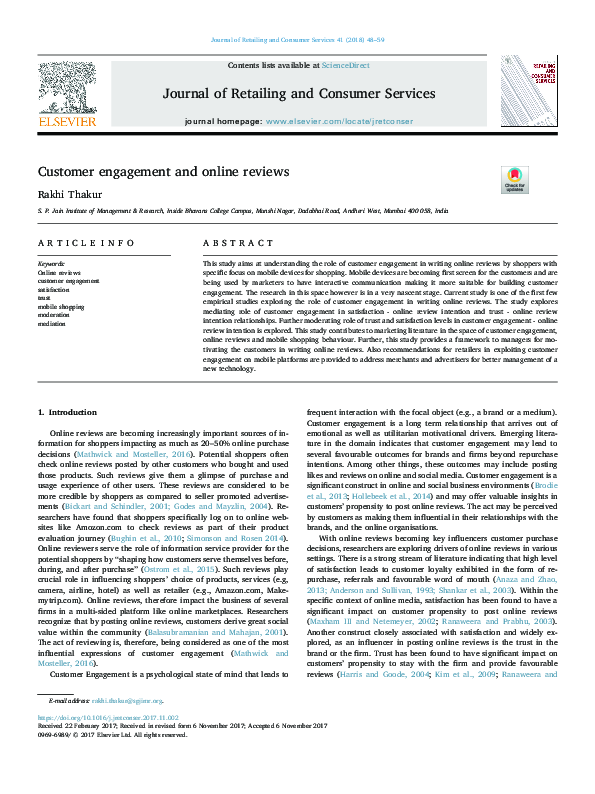 (PDF) Customer engagement and online reviews