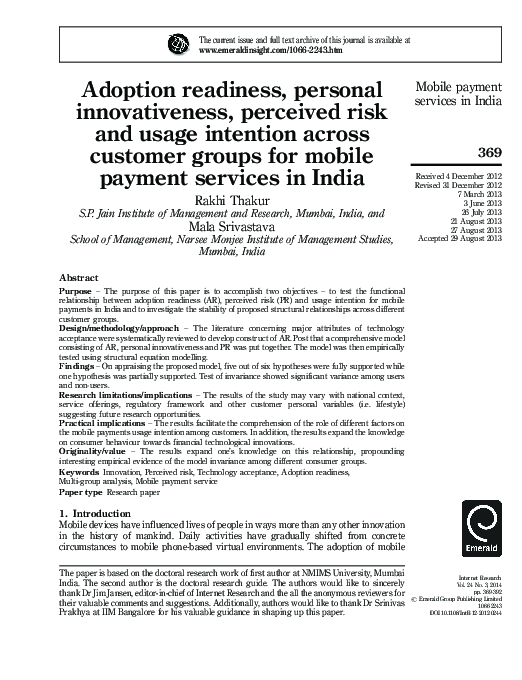 (PDF) Adoption readiness, personal innovativeness, perceived risk and ...