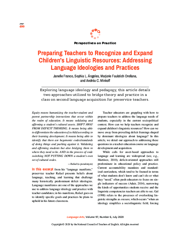 (PDF) Preparing Teachers to Recognize and Expand Children's Linguistic Resources: addressing ...