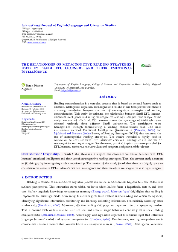 Pdf The Relationship Of Metacognitive Reading Strategies Used By Saudi Efl Learners And Their