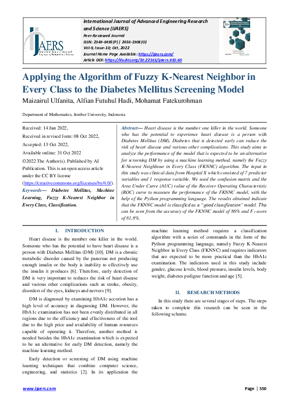 Pdf Applying The Algorithm Of Fuzzy K Nearest Neighbor In Every Class To The Diabetes Mellitus 
