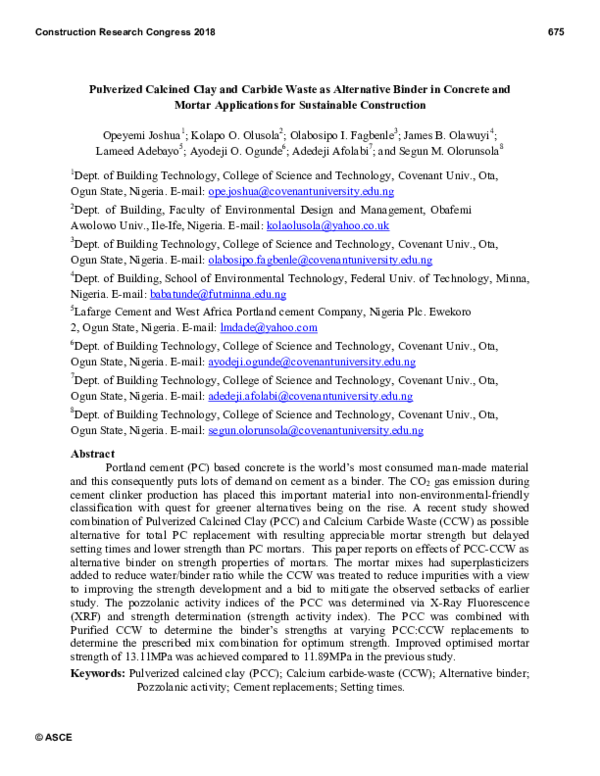 (PDF) Pulverized Calcined Clay and Carbide Waste as Alternative Binder ...