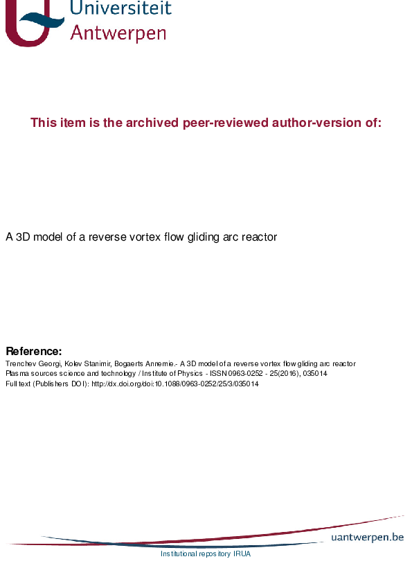 (PDF) A 3D model of a reverse vortex flow gliding arc reactor