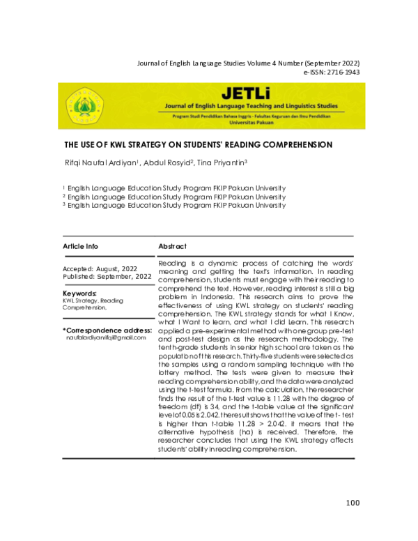 (PDF) The Use of KWL Strategy on Students' Reading Comprehension
