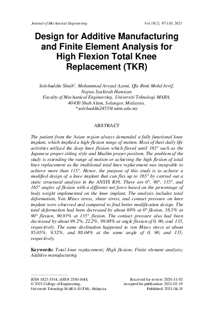 Pdf Design For Additive Manufacturing And Finite Element Analysis For High Flexion Total Knee