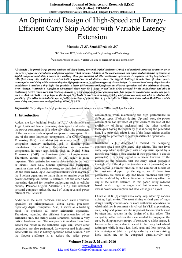 (PDF) An Optimized Design of High-Speed and Energy-Efficient Carry Skip Adder with Variable ...
