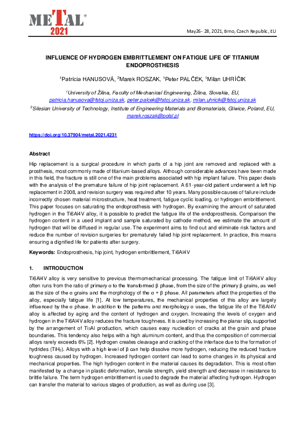 (PDF) Influence of Hydrogen Embrittlement on Fatigue Life of Titanium Endoprosthesis