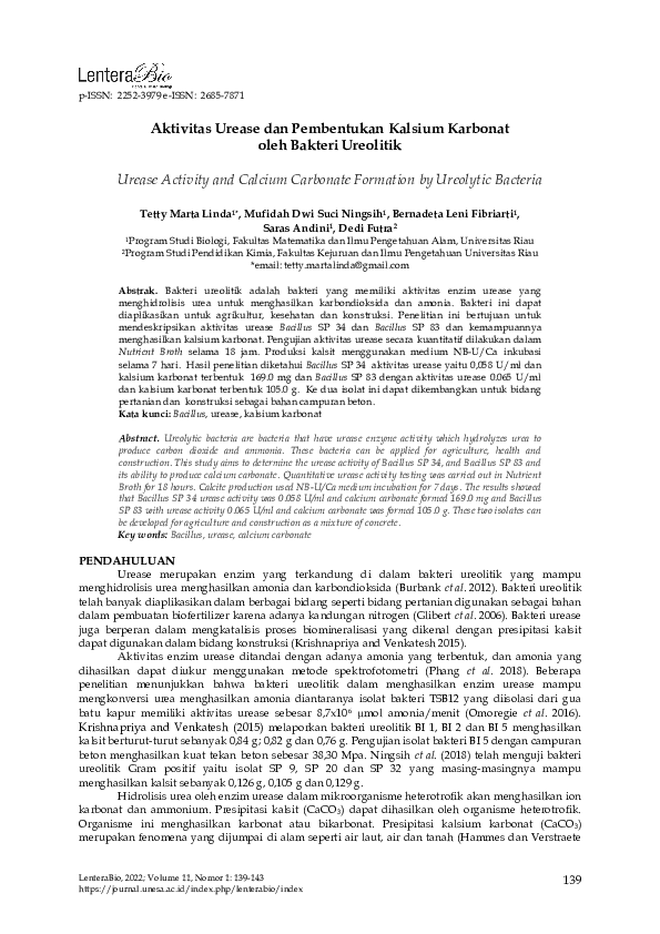 Pdf Aktivitas Urease Dan Pembentukan Kalsium Karbonat Oleh Bakteri Ureolitik