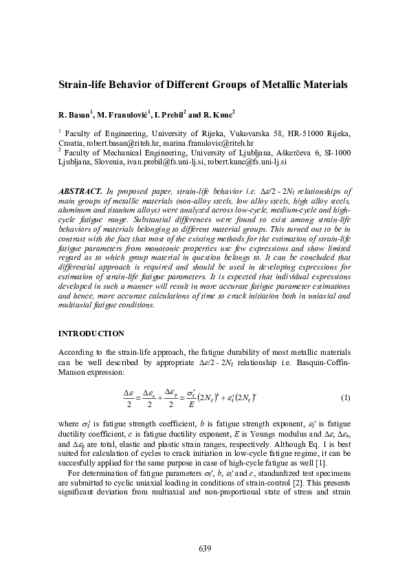 (PDF) Strain-life behavior of different groups of metallic materials