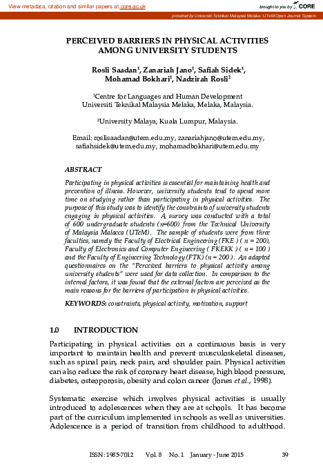 (PDF) Perceived Barriers in Physical Activities Among University Students