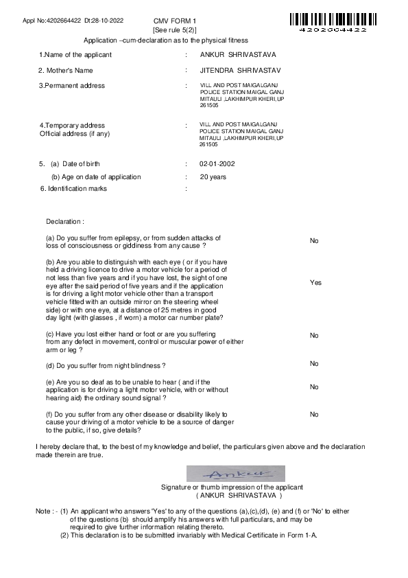 (PDF) CMV FORM 1 Application -cum-declaration as to the physical ...