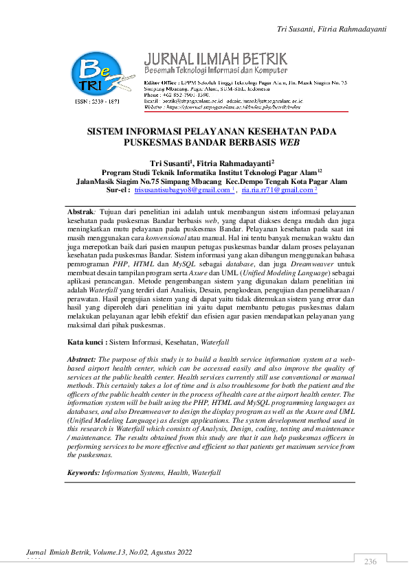 (PDF) Sistem Informasi Pelayanan Kesehatan Pada Puskesmas Bandar Berbasis Web