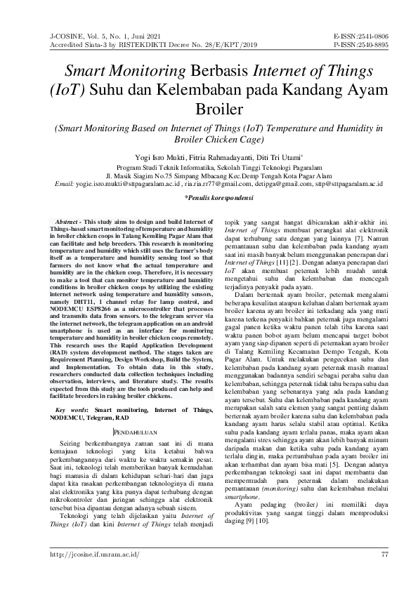 (PDF) A Smart Monitoring Berbasis Internet of Things (IoT) Suhu dan Kelembaban pada Kandang Ayam ...