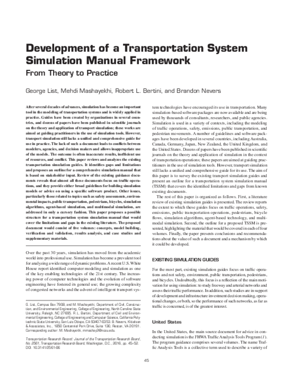 (PDF) Development of a Transportation System Simulation Manual ...