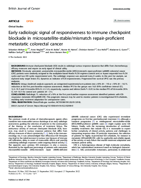 (PDF) Early radiologic signal of responsiveness to immune checkpoint ...