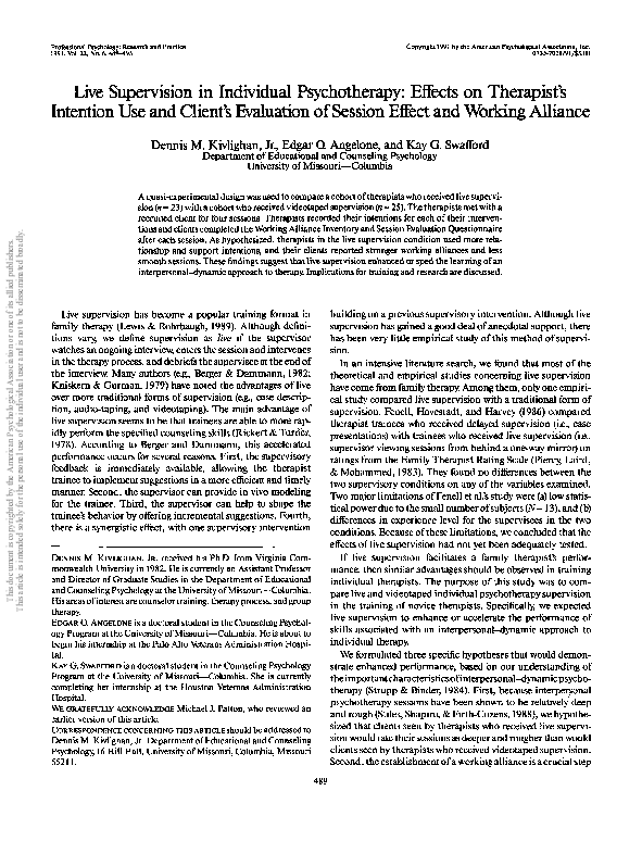 (PDF) Live supervision in individual psychotherapy: Effects on ...
