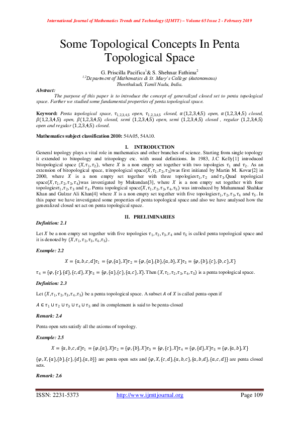 (PDF) Some Topological Concepts In Penta Topological Space