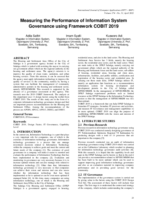 (PDF) Measuring the Performance of Information System Governance using Framework COBIT 2019