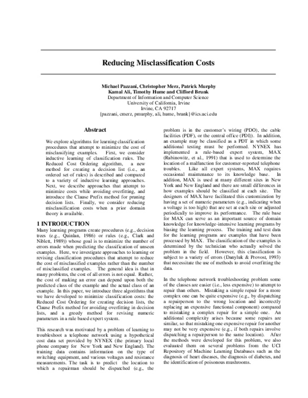Pdf Reducing Misclassification Costs
