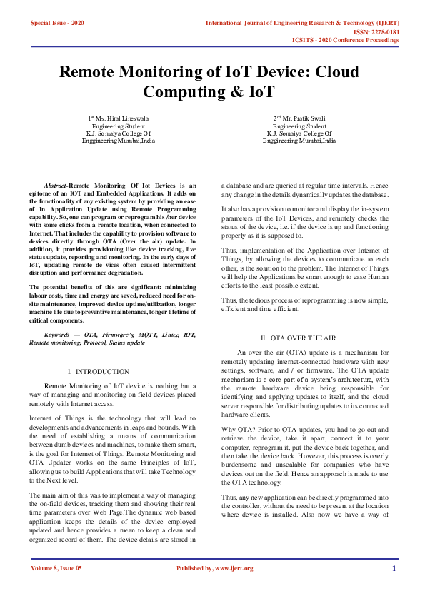 (PDF) Remote Monitoring of IoT Device: Cloud Computing & IoT